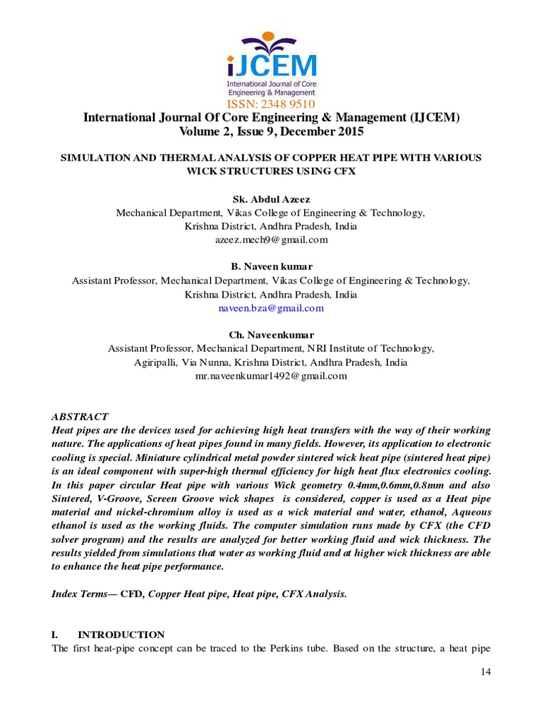 Simulation and Thermal Analysis of Copper Heat Pipe With Various Wick ...