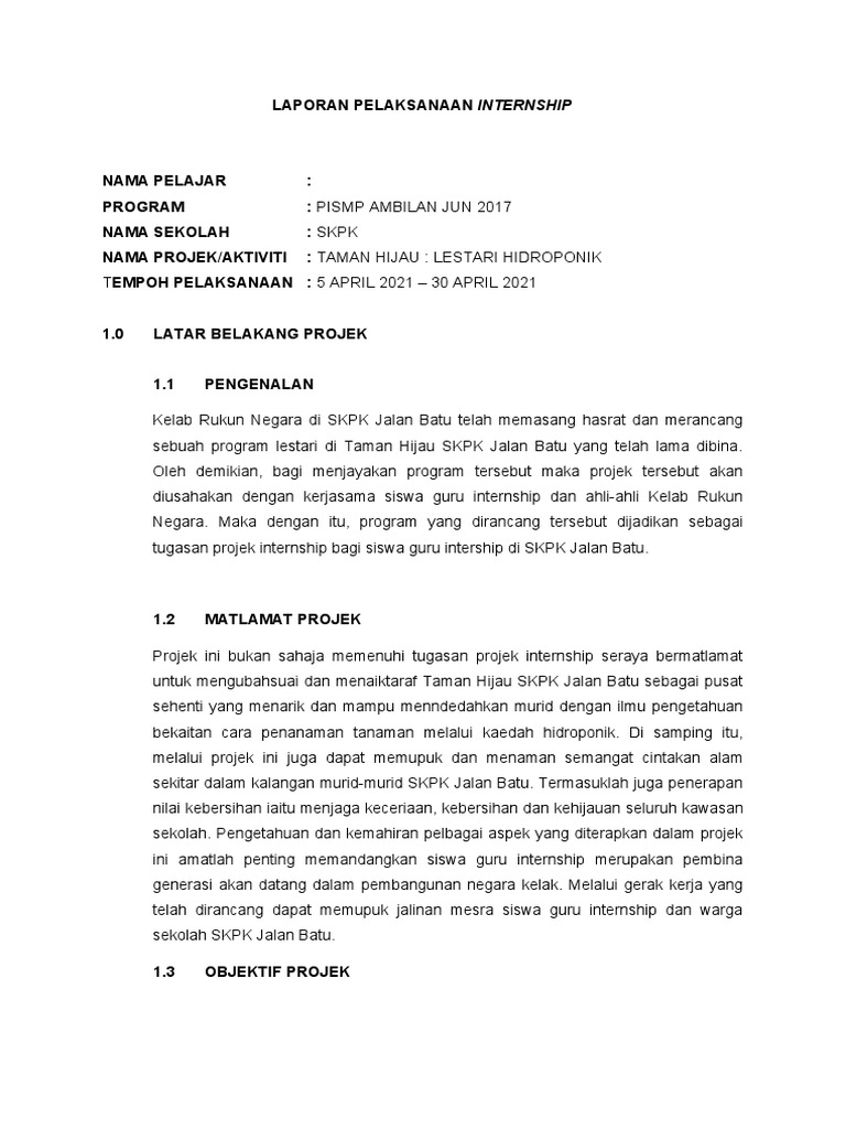 Contoh Laporan Pelaksanaan Internship Ipg | PDF