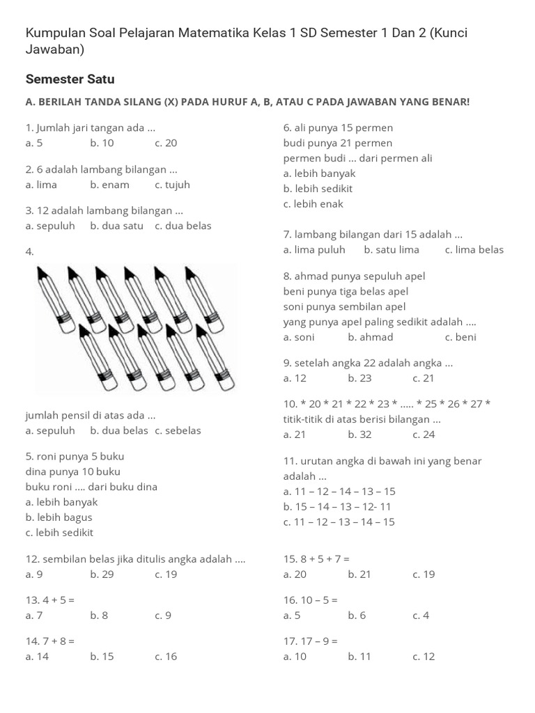 Kumpulan Soal Pelajaran Matematika Kelas 1 SD Semester 1 Dan 2 | PDF