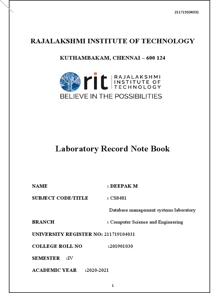 Laboratory Record Note Book: Rajalakshmi Institute of Technology | Download Free PDF | Pl/Sql ...