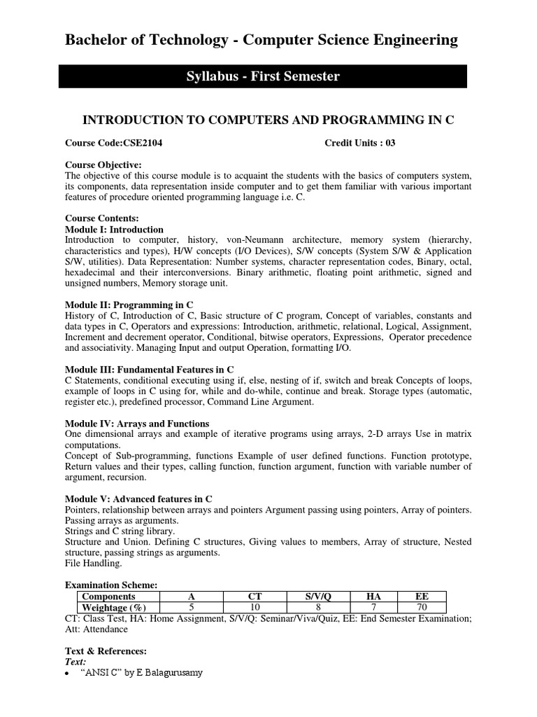 B Tech Cse Syllabus 2018 Pdf C Object Oriented Programming