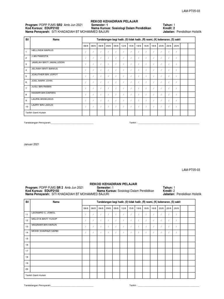 PJMS SR2 LAM-PT05-03 Rekod Kehadiran Pelajar 20 JUN 2021 | PDF