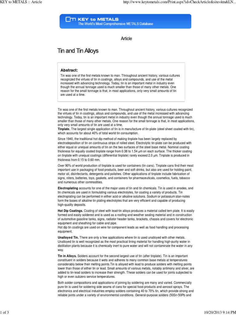 Tin and Its Alloys | PDF | Alloy | Tin