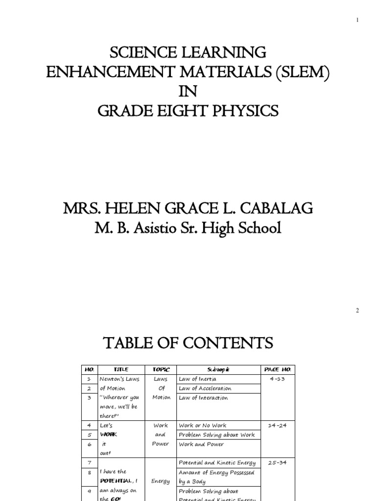 Science Learning Enhancement Materials in Grade Eight Physics Version2 ...
