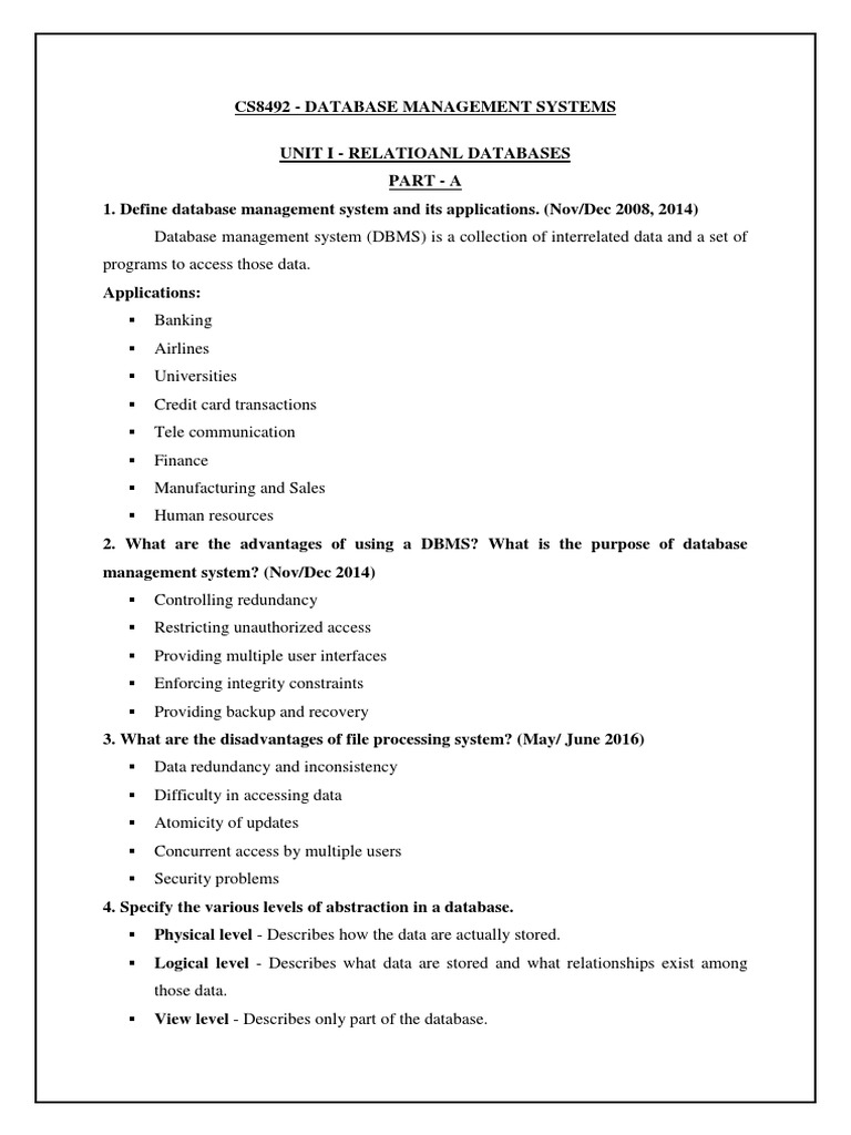 CS8492 DBMS - Part A & Part B | PDF | Relational Database | Database Index CS8492 DBMS - Part A & Part B | PDF | Relational Database | Database Index
