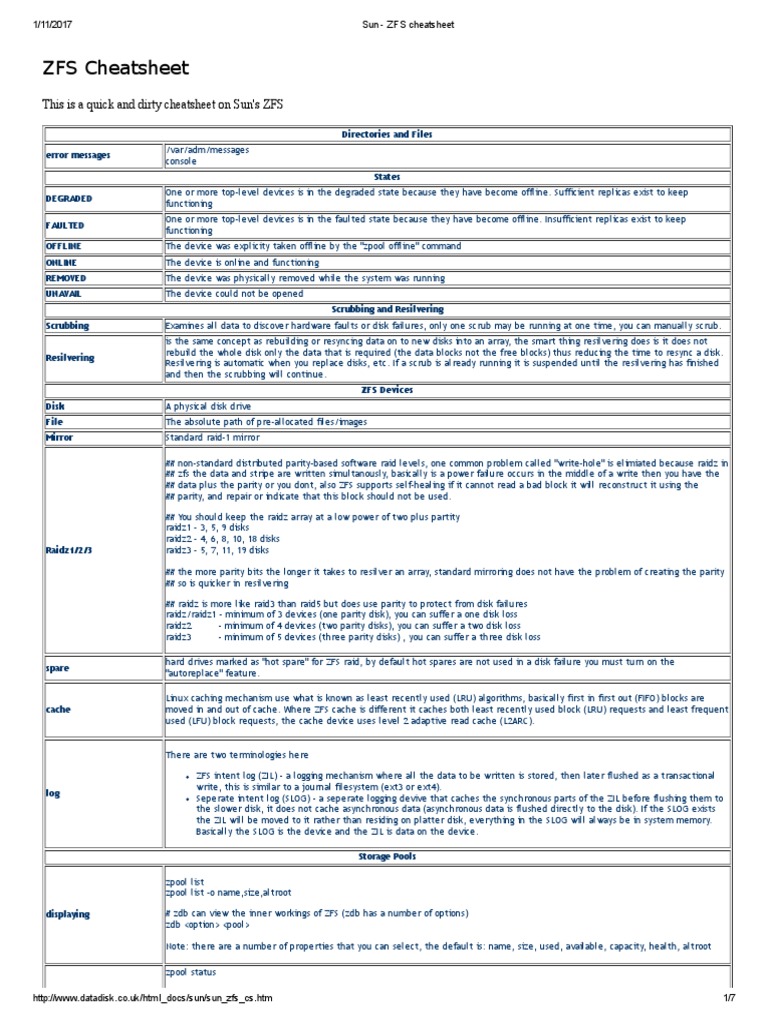 ZFS Cheatsheet: This Is A Quick and Dirty Cheatsheet On Sun's ZFS | PDF | Data Management ...