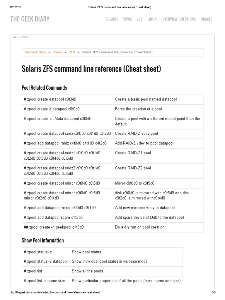 Zfs Solaris Command Line Reference Cheat Sheet Pdf File System Data Management