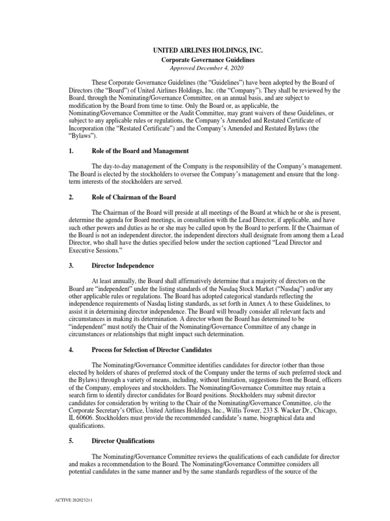 United Airlines Holdings Inc. Corporate Governance Guidelines | PDF ...