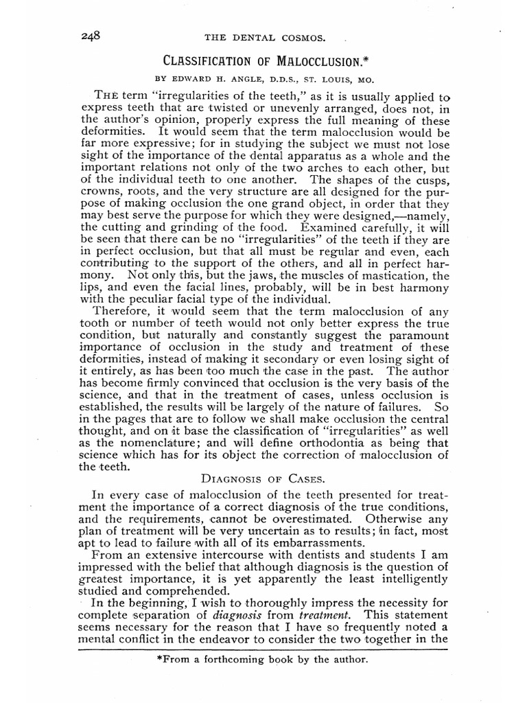 Angle - 1899 - Classification of Malocclusion | PDF
