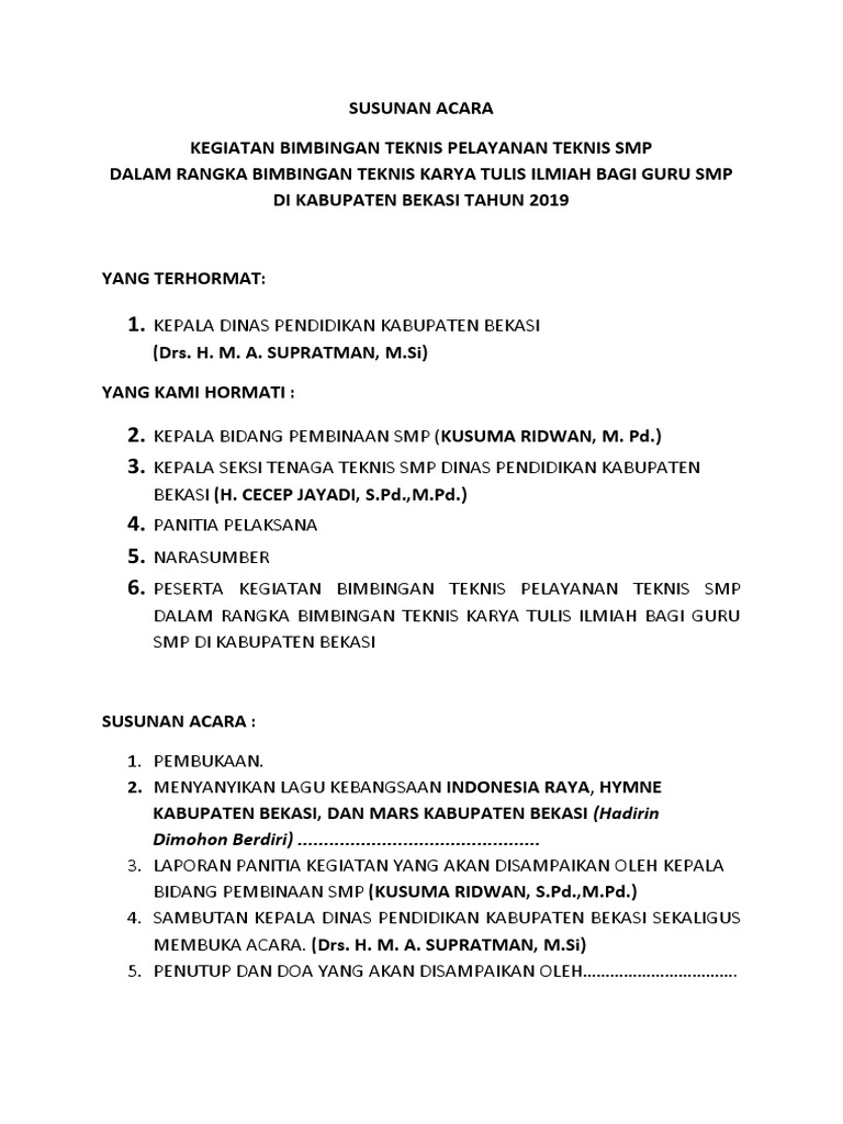 Susunan Acara Pembukaan Bimtek Kti 2019 | PDF