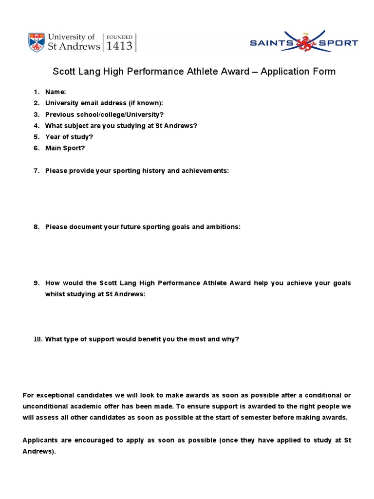 Scott Lang High Performance Athlete Award - Application Form | PDF