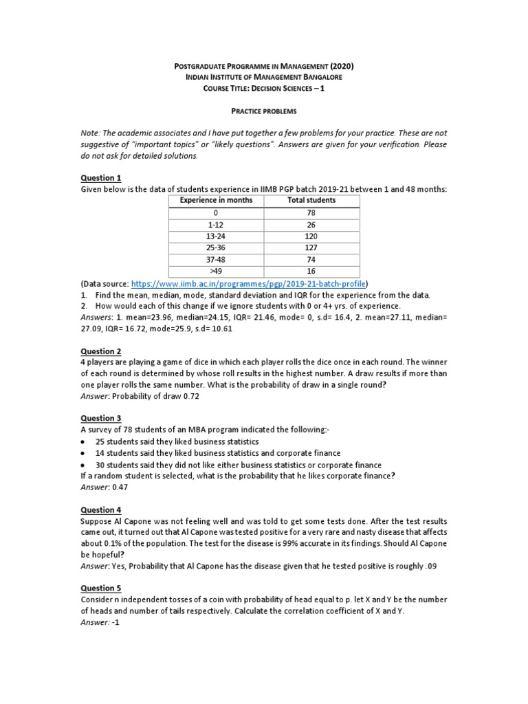 Practice Probelms Sep 2020 | PDF | Probability And Statistics ...