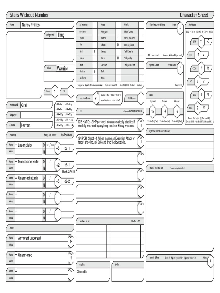 Warrior: Stars Without Number Character Sheet | PDF | Leisure