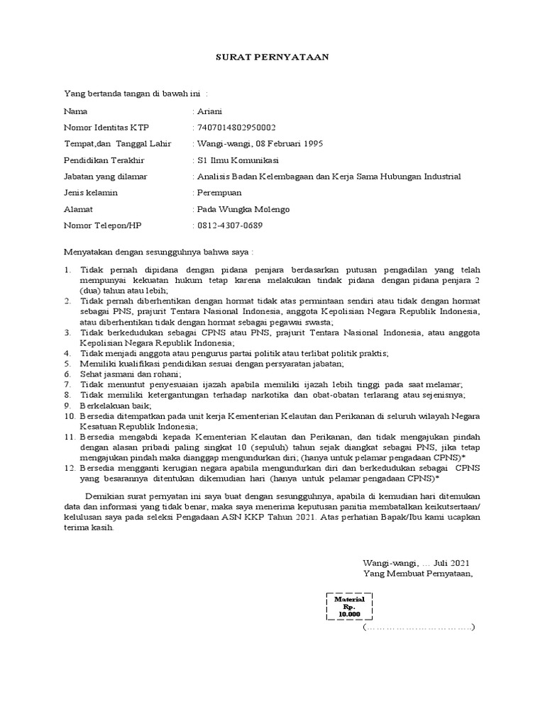 Contoh Surat Pernyataan | PDF
