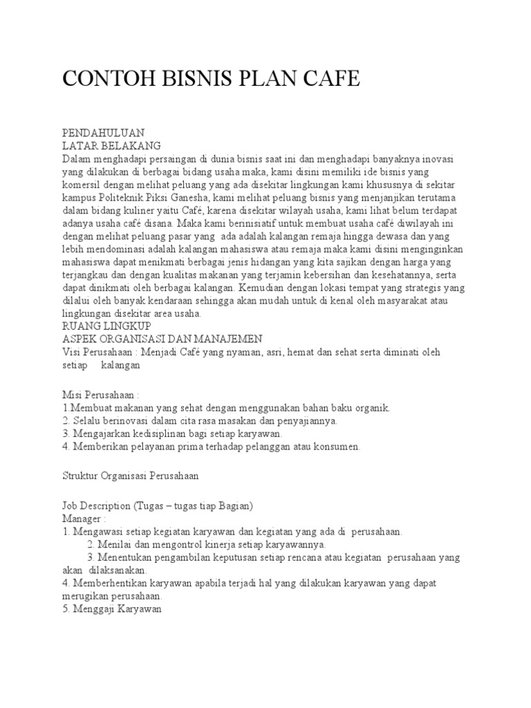 Contoh Bisnis Plan Cafe | PDF