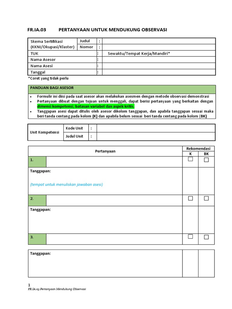 FR - IA.03 Pertanyaan Untuk Mendukung Observasi | PDF