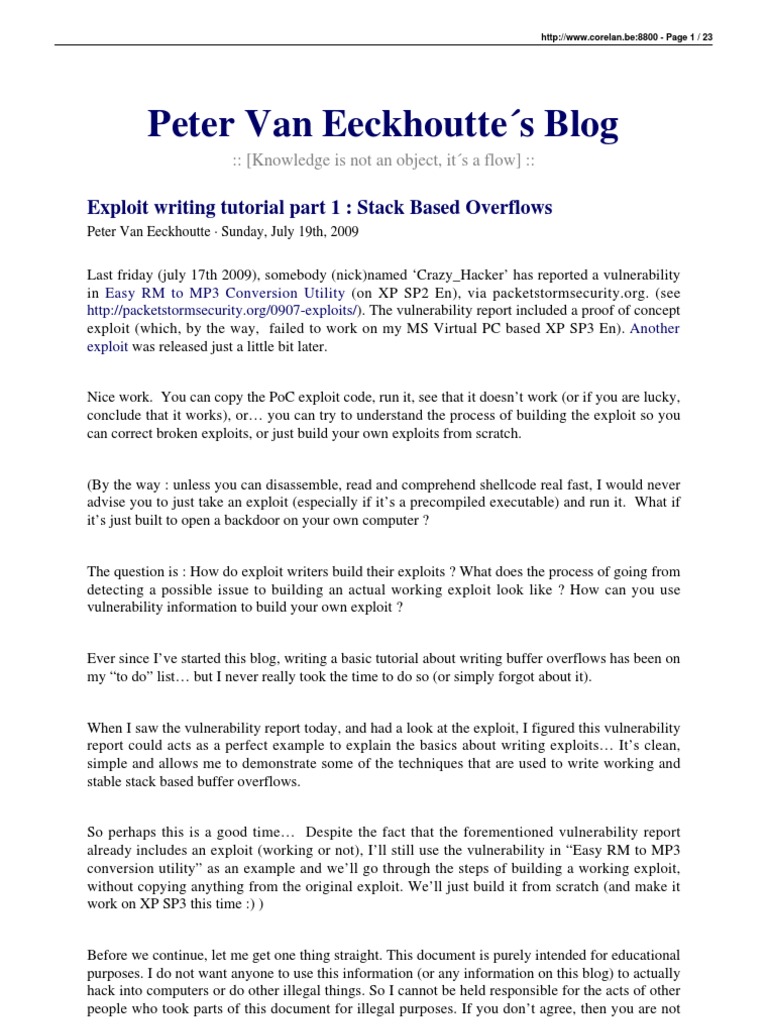 Peter Van Eeckhoutte S Blog: Exploit Writing Tutorial Part 1: Stack Based Overflows | PDF ...