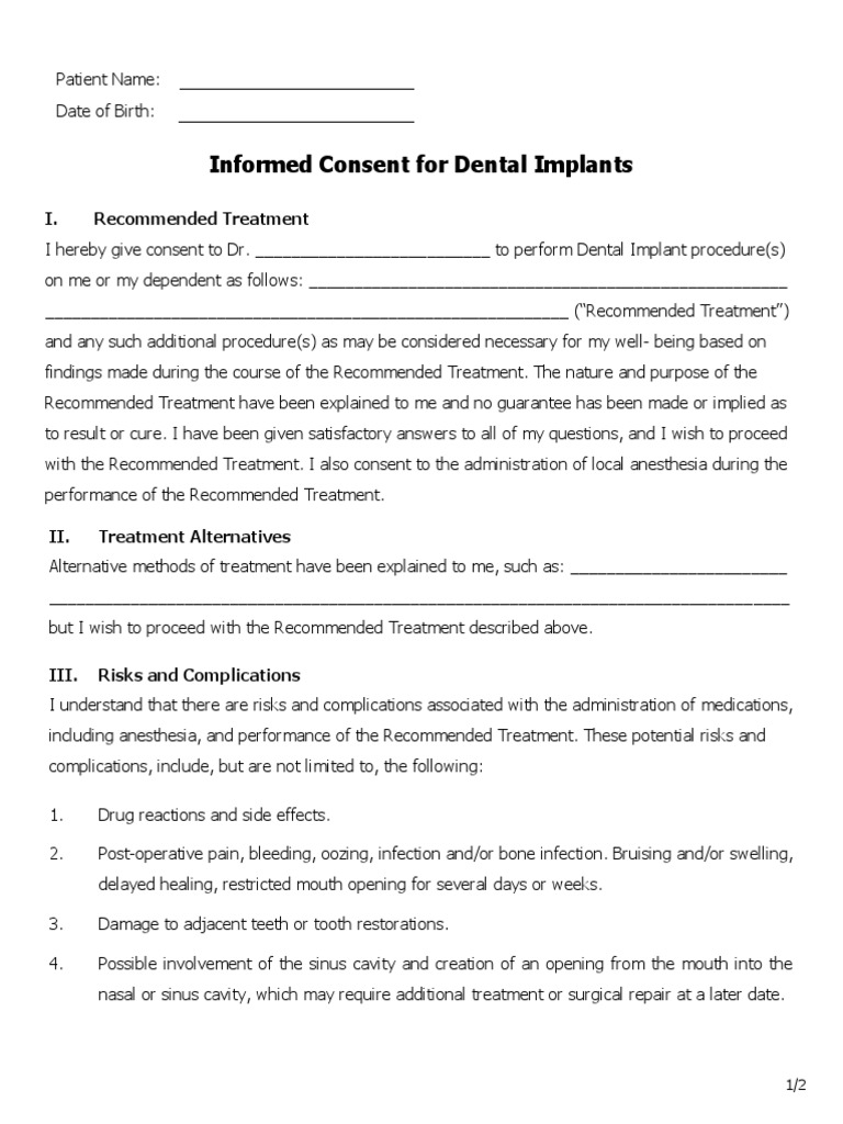 Dentistry Informed Consent For Dental Implants Medpro Group Pdf