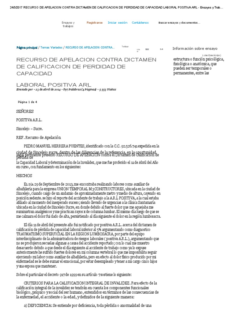 PDF Recurso de Apelacion Contra Dictamen de Calificacion de Perdidad de Capacidad Laboral ...