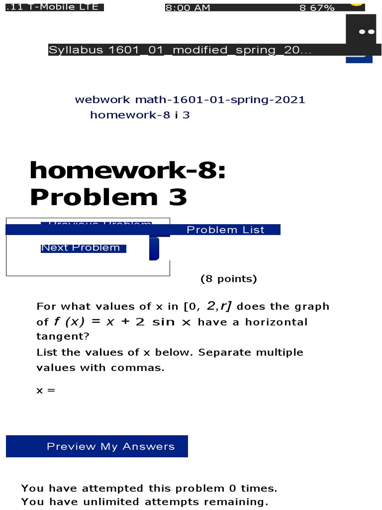 Homework-8: Problem 3: Webwork Math-1601-01-Spring-2021 Homework-8 3 | PDF