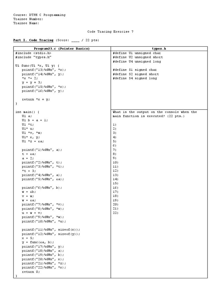 Part I. Code Tracing (Score: - / 22 PTS) Program23.c (Pointer Basics) Types.h | PDF ...