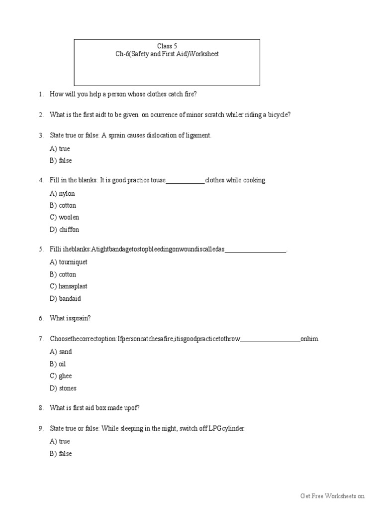 Safety and First Aid CBSE Class 5 Worksheet | PDF