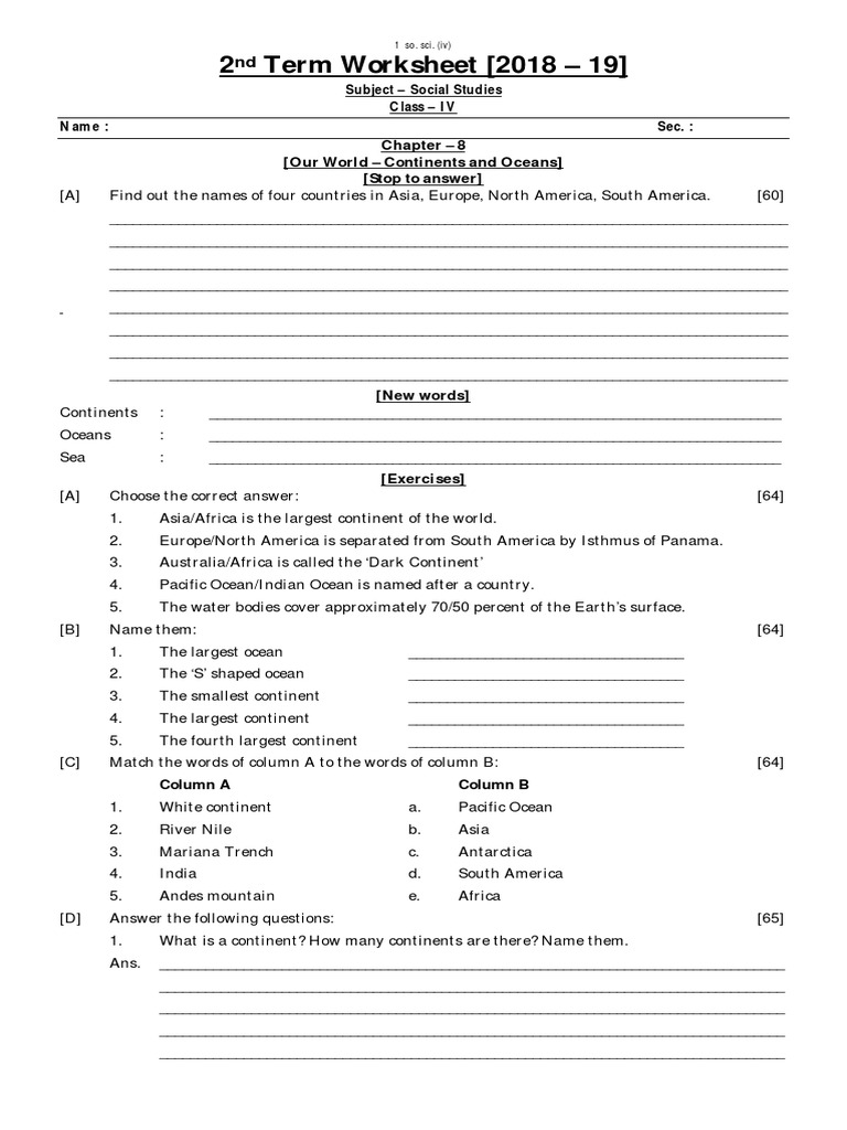2 Term Worksheet (2018 - 19) : Subject - Social Studies Class - IV Name ...