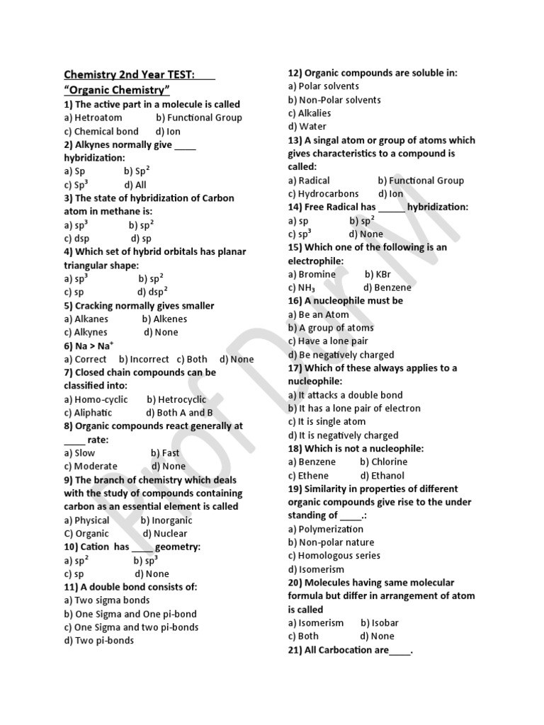 Chemistry 2nd Year TEST: "Organic Chemistry" | PDF | Alkene ...