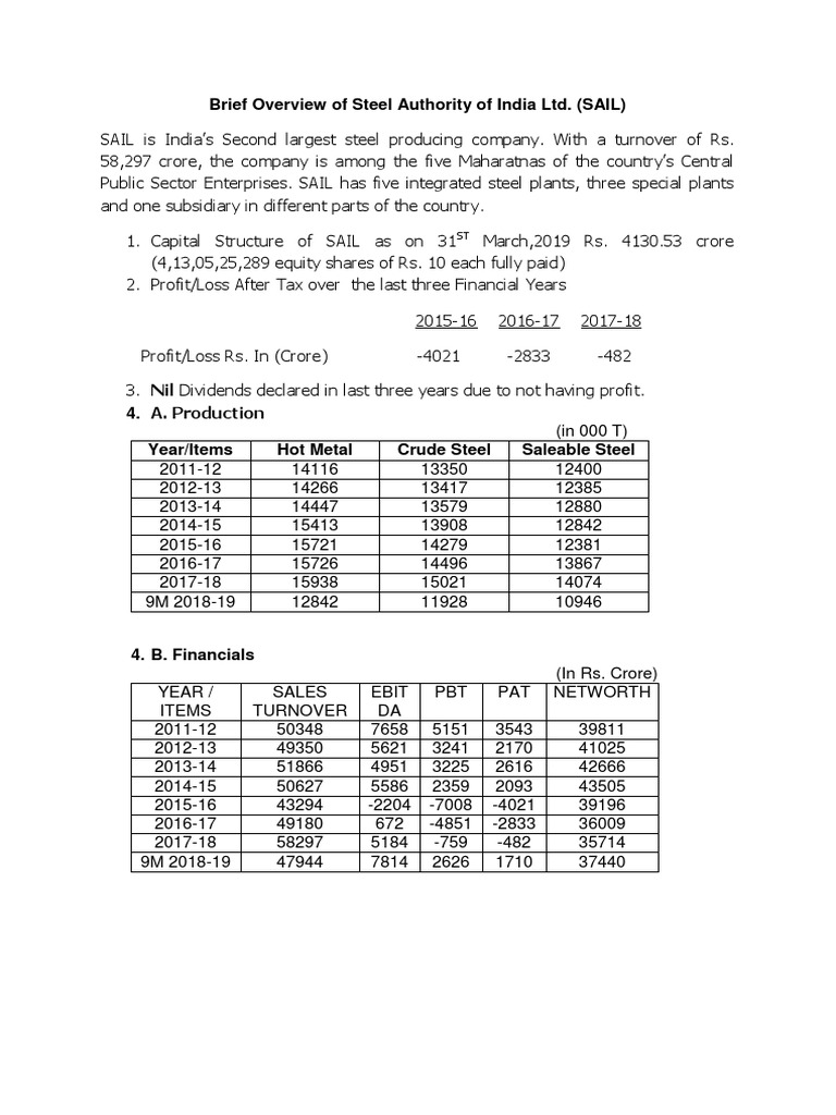 Brief Overview of Steel Authority of India Ltd. (SAIL) | PDF | Steel ...
