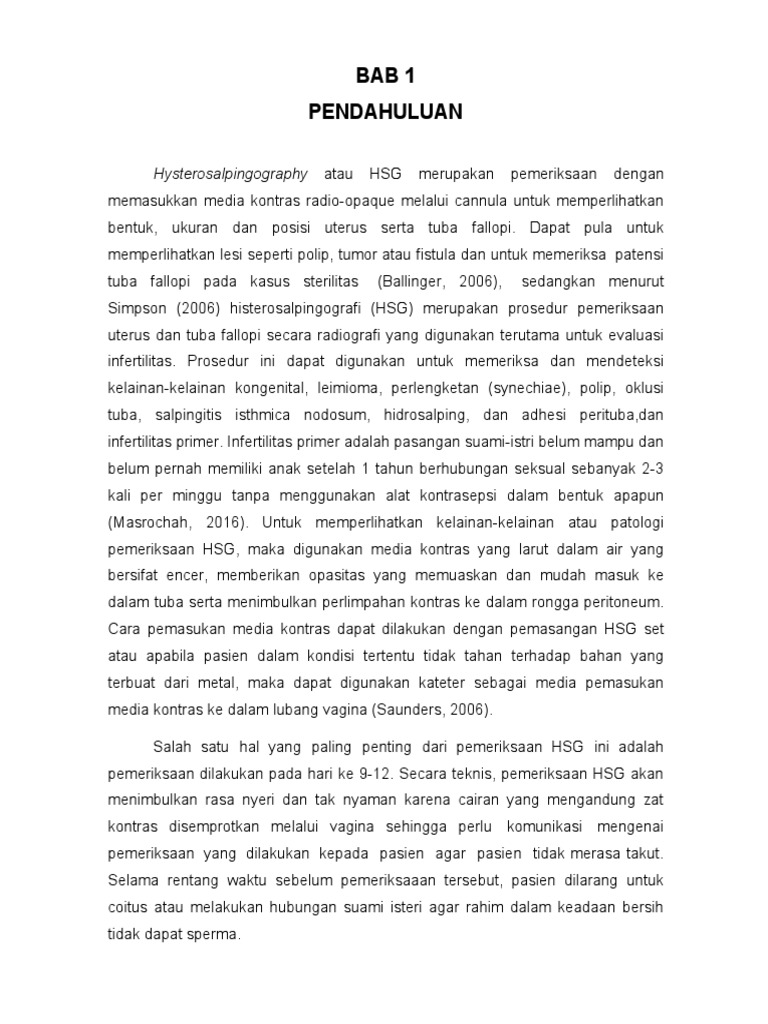 Bab 1 Pendahuluan: Hysterosalpingography Atau HSG Merupakan Pemeriksaan ...