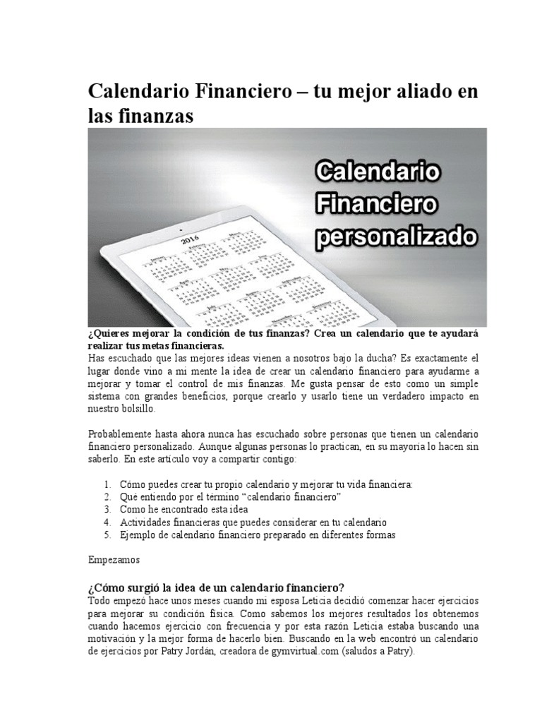 Calendario Financiero Personalizado | PDF | Calendario | Presupuesto