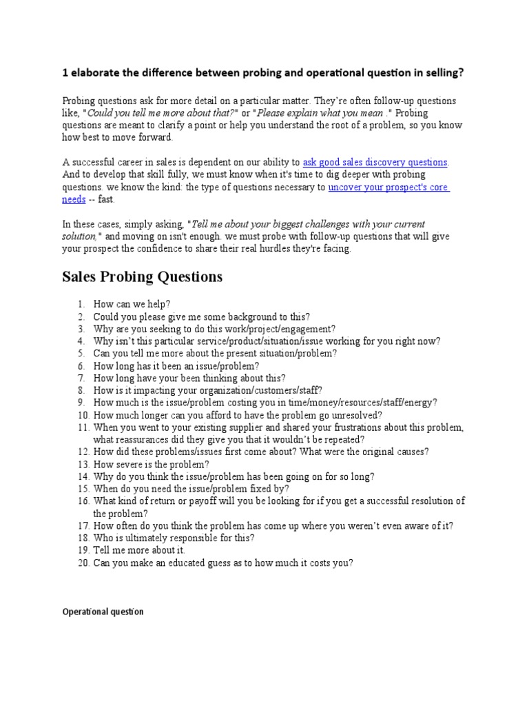 Sales Probing Questions: 1 Elaborate The Difference Between Probing and ...