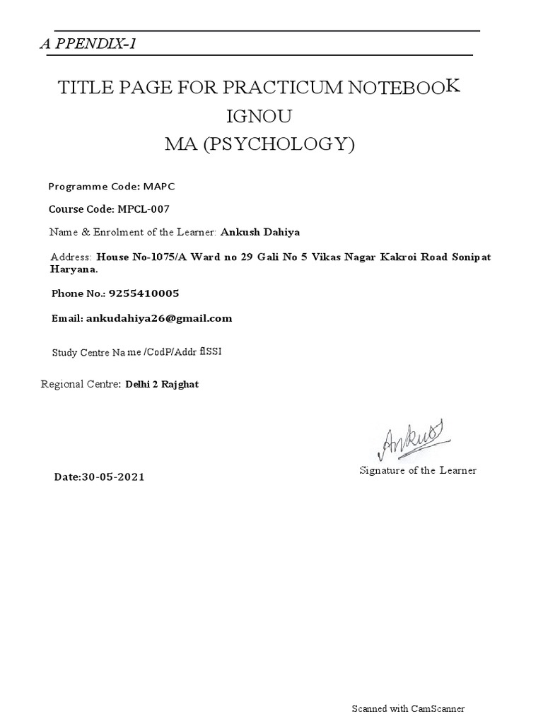 Title Page For Practicum Notebook Ignou Ma (Psychology) : A Ppendix-1 | PDF