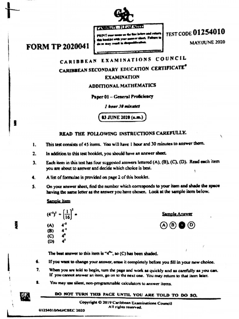 CSEC Additional Mathematics 2020 P1 Solutions | PDF