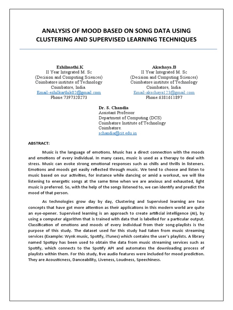 Analysis of Mood Based On Song Data Using Clustering and Supervised Learning Techniques ...