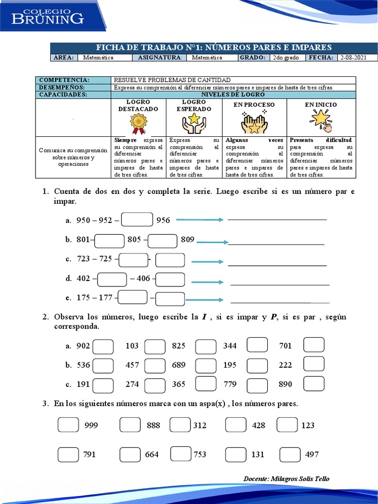 Miss Milagros - s1 - Ficha - Matemática-Números Pares e Impares | PDF ...