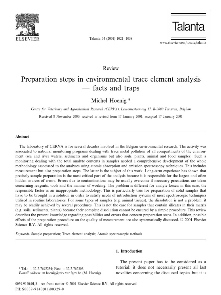 2001 Hoenig - Sample - Prep - Preparation Steps in Environmental Trace Element Analysis Talanta ...