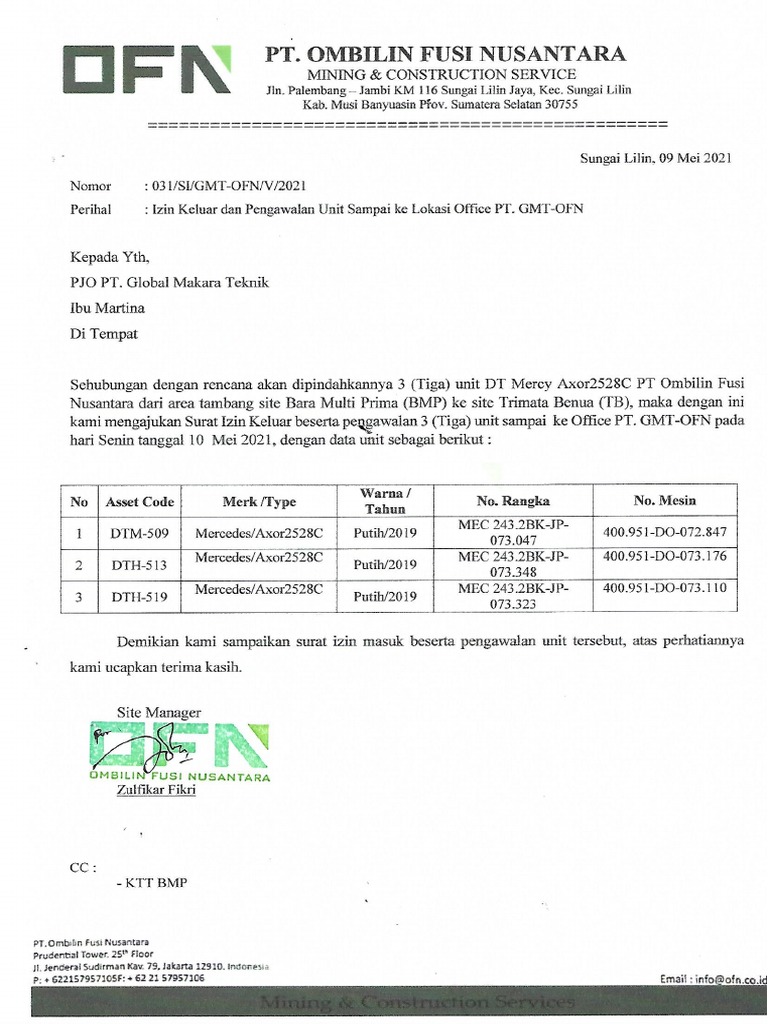 Surat Izin Keluar Dan Pengawalan 3 Unit DT Mercy Dari Site BMP | PDF