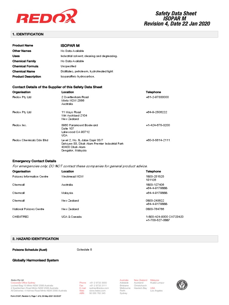Safety Data Sheet Isopar M Revision 4, Date 22 Jan 2020 | PDF ...