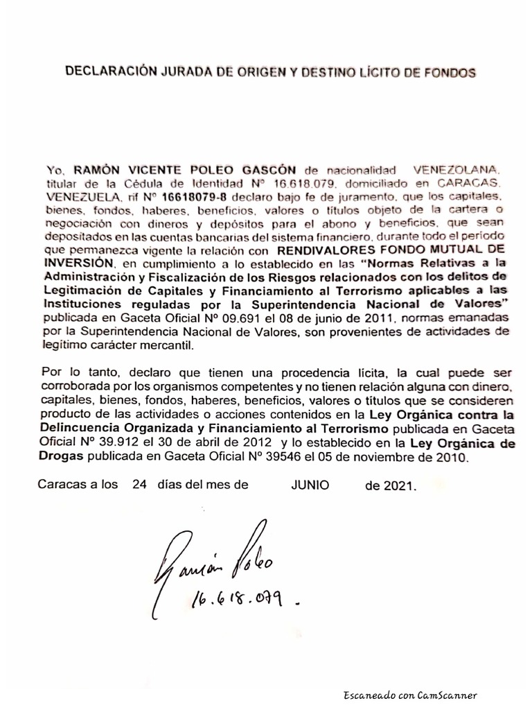 Declaración Jurada de Origen y Destino Lícito de Fondos | PDF