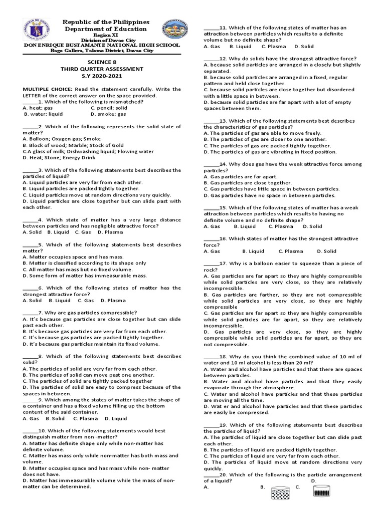 Science 8 Third Quarter Assessment | PDF | Gases | Matter