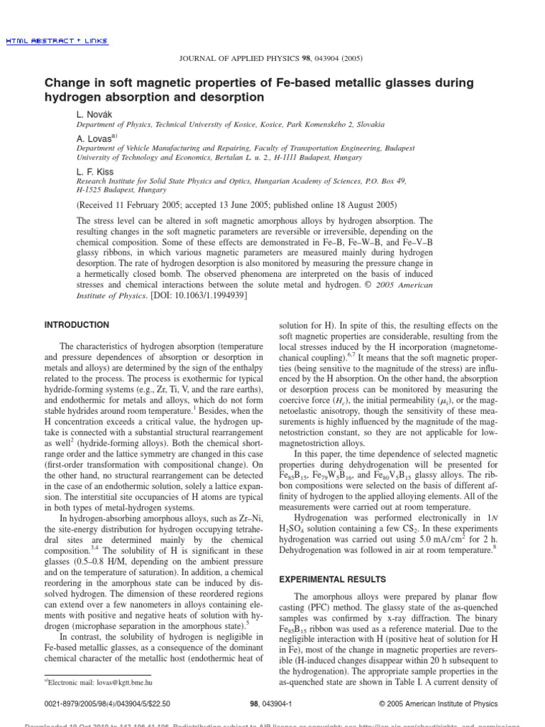 Change in Soft Magnetic Properties of Fe-Based Metallic Glasses During Hydrogen Absorption and ...