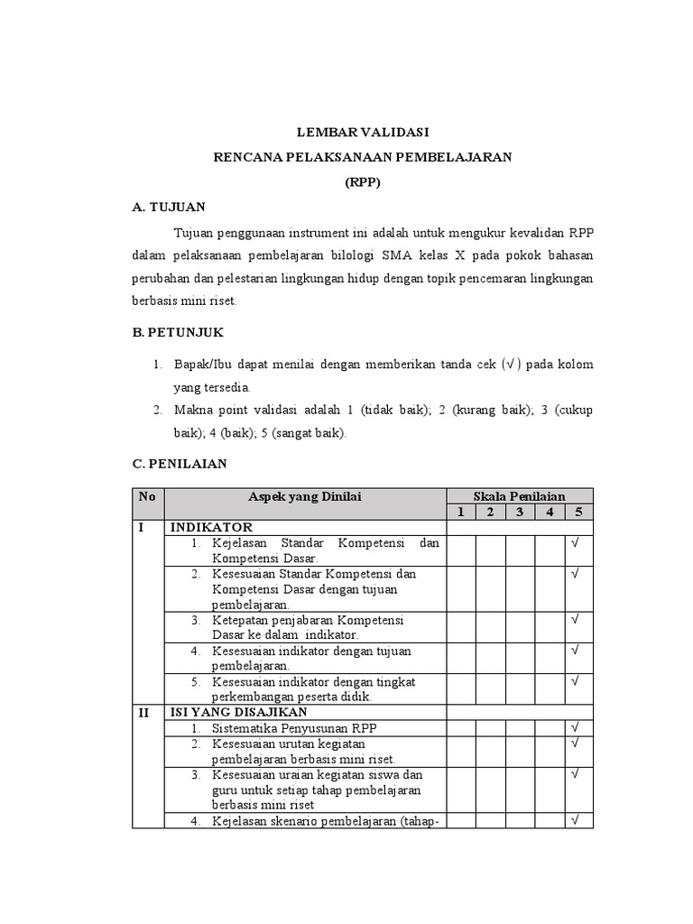 LEMBAR VALIDASI RPP Dan LKS | PDF
