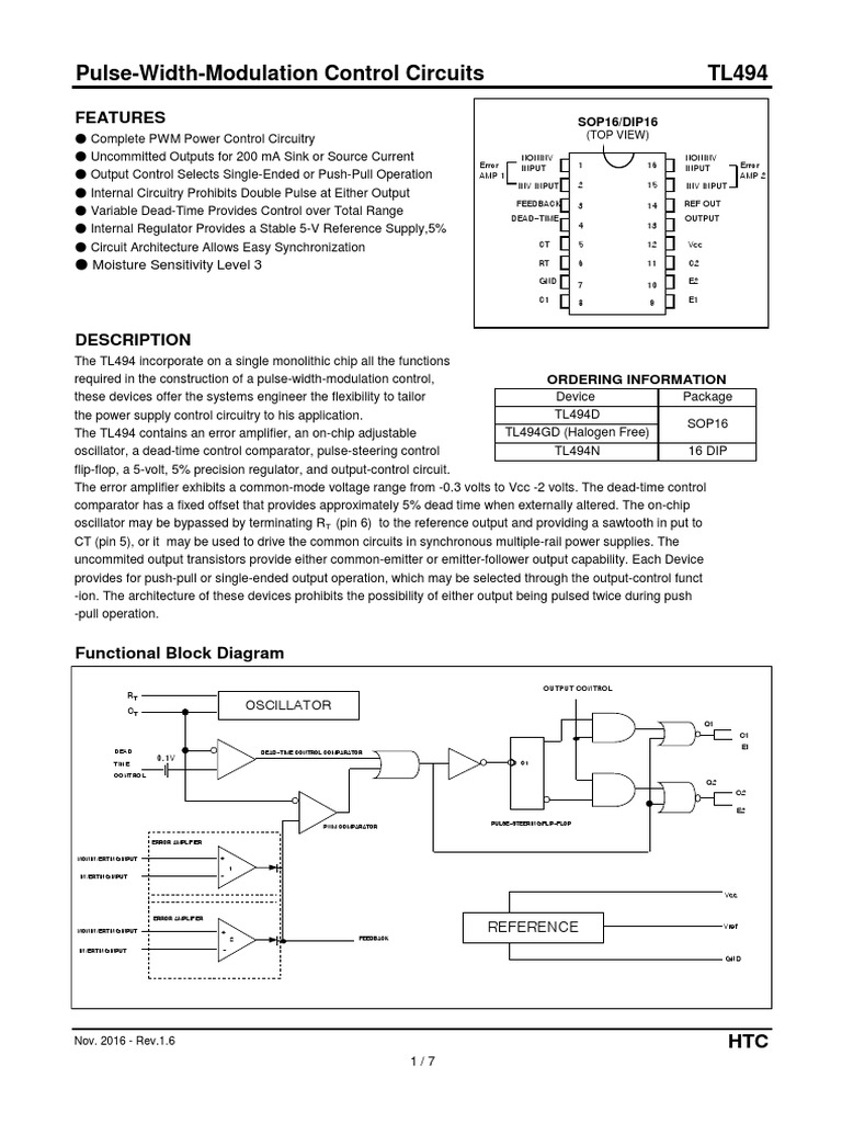 Pulse-Width-Modulation Control Circuits TL494: Features | PDF | Amplifier | Analog Circuits