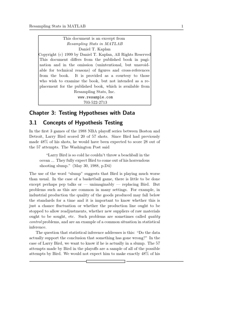 Chapter 3: Testing Hypotheses With Data 3.1 Concepts of Hypothesis ...