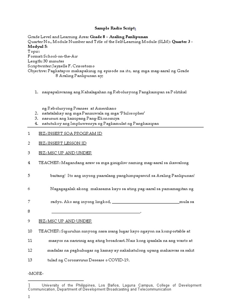 RBI - AP 8 - Q3 - MODULE 5-Week 5 - Radio Script | PDF