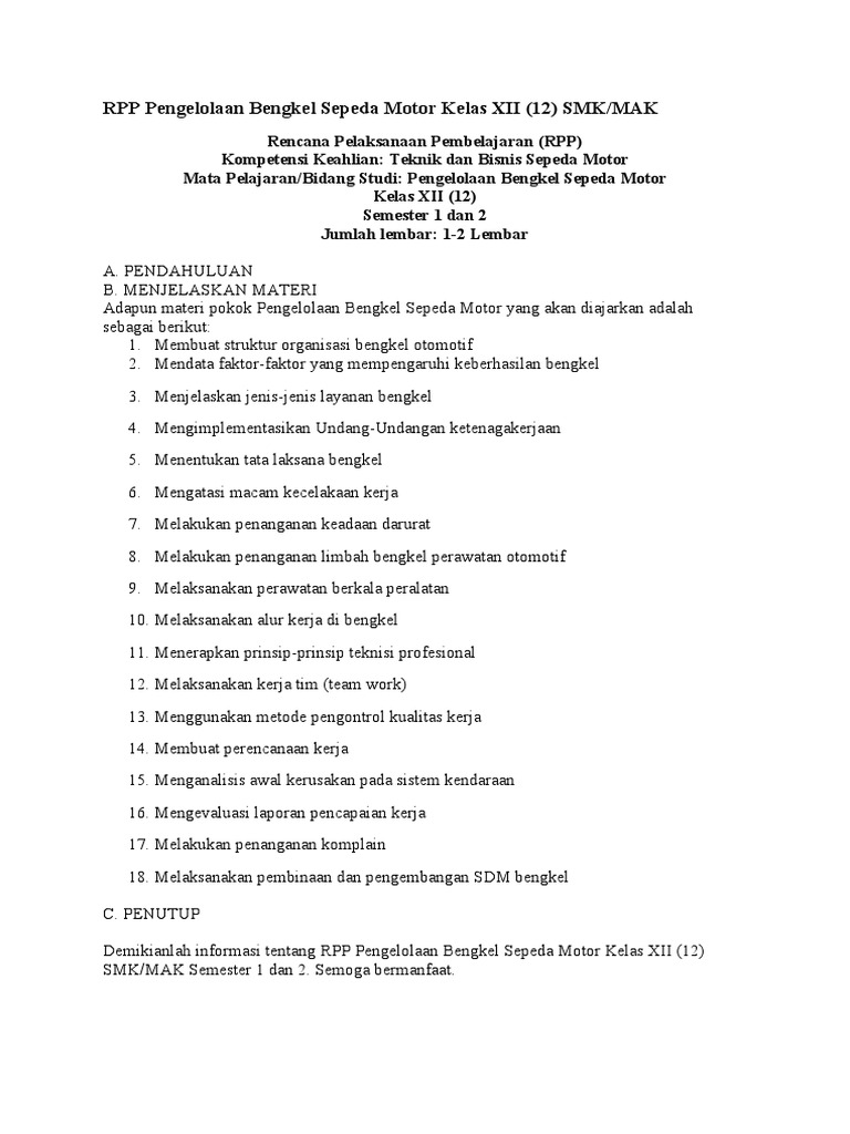 CONTOH RPP Pengelolaan Bengkel Sepeda Motor Kelas XII | PDF