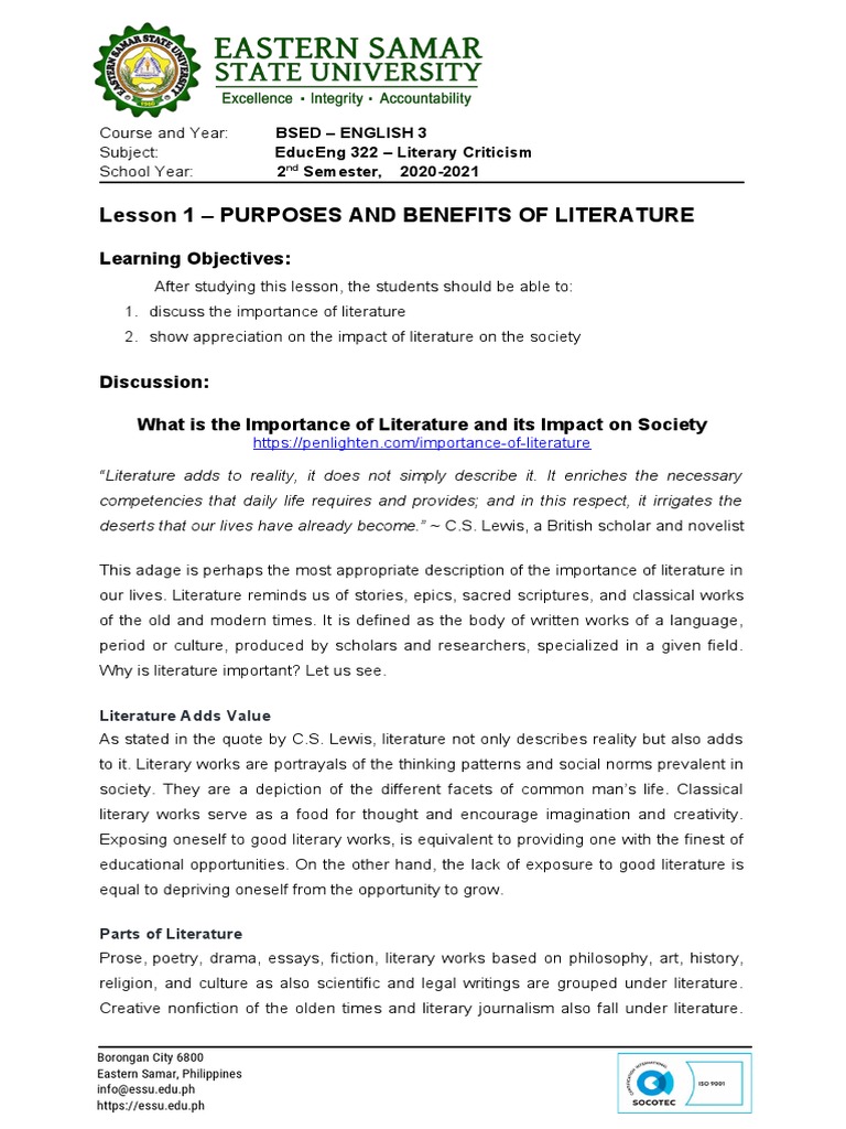 Lesson 1 - Purposes and Benefits of Literature: Learning Objectives ...