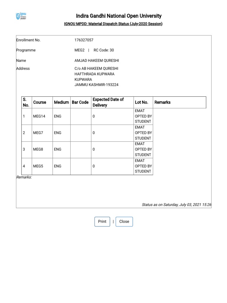 IGNOU Material Dispatch Status Update | PDF