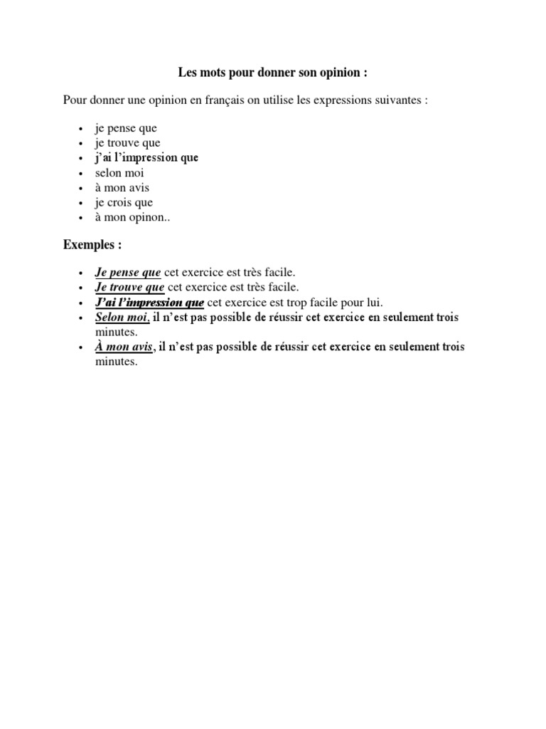 Mots pour exprimer son opinion en français | PDF